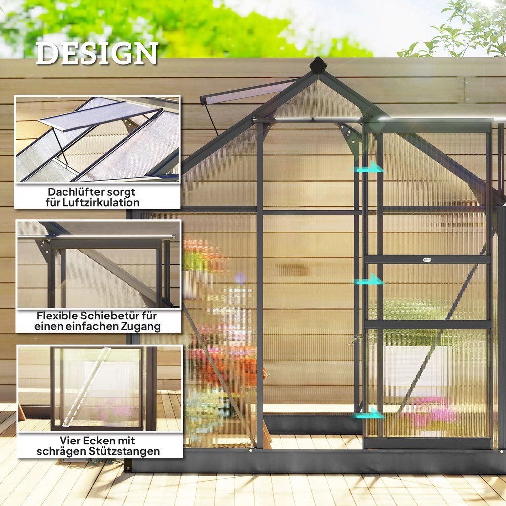 Zahradní skleník Outsunny z polykarbonátu 3,65 m² hliníkový skleník pro zahradu 190 x 192 x 201 cm odolný vůči UV záření, se zpevněným základem, okap…