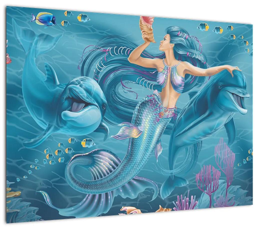 Skleněný obraz - Mořská víla s delfíny (70x50 cm)