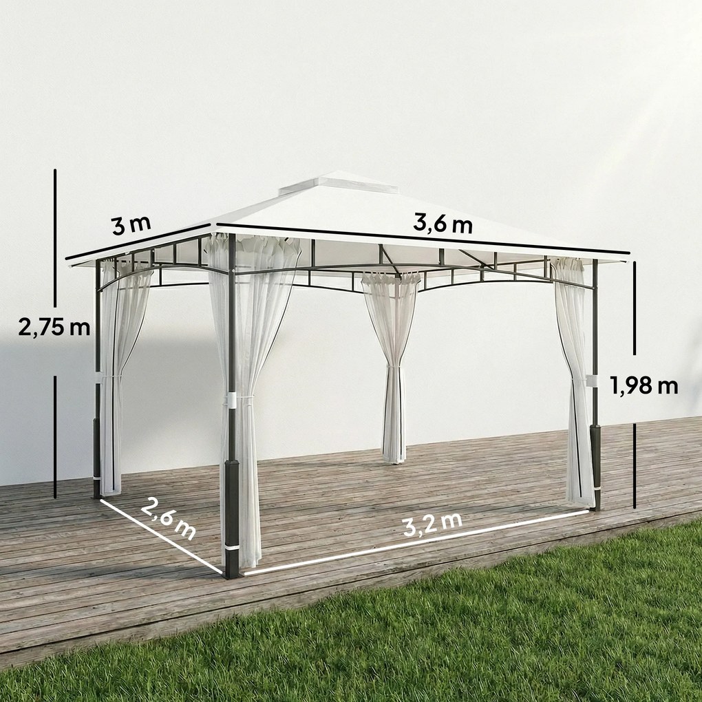 Outsunny Pavilon, 3x3,6 m vodoodpudivý Stabilní zahradní pavilon s moskytiérou, dvojitá střecha, pro zahradu, terasu, černý