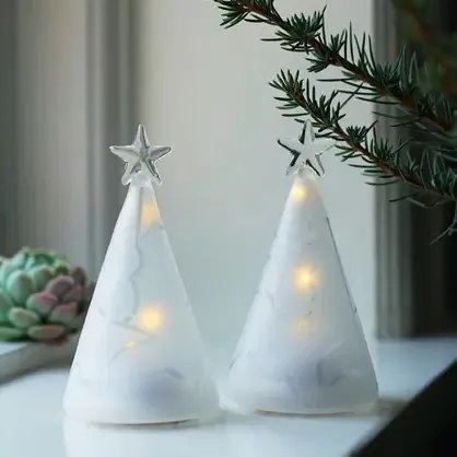 LED svítící stromeček skleněný, sada 2 kusy, čirý, 11,5 cm zmražené