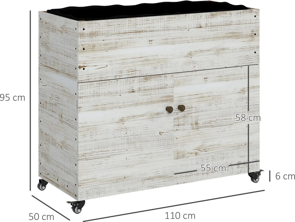 Outsunny Dřevěný vyvýšený záhon se skříňkou, bylinkový záhon na kolečkách, truhlík na květiny 110 x 50 x 95 cm, truhlík na květiny s fleecovou tkanin…