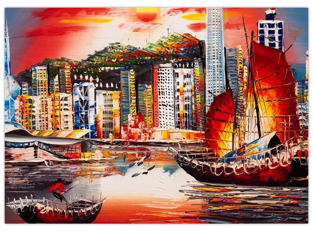 Skleněný obraz - Victoria Harbor, Hong Kong, olejomalba (70x50 cm)