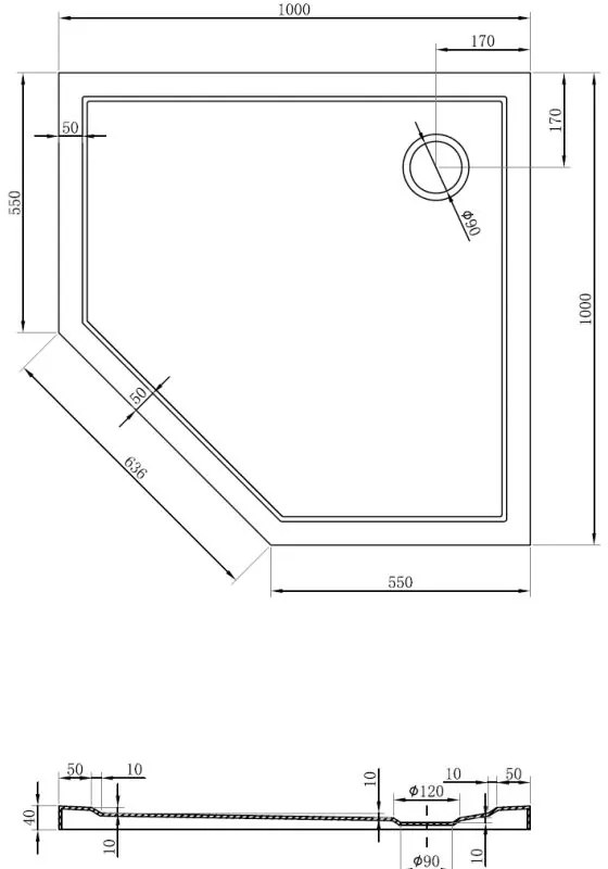 Mexen Flow, pětiúhelníková sprchová vanička slim 100 x 100 cm, černá matná, 46P701010