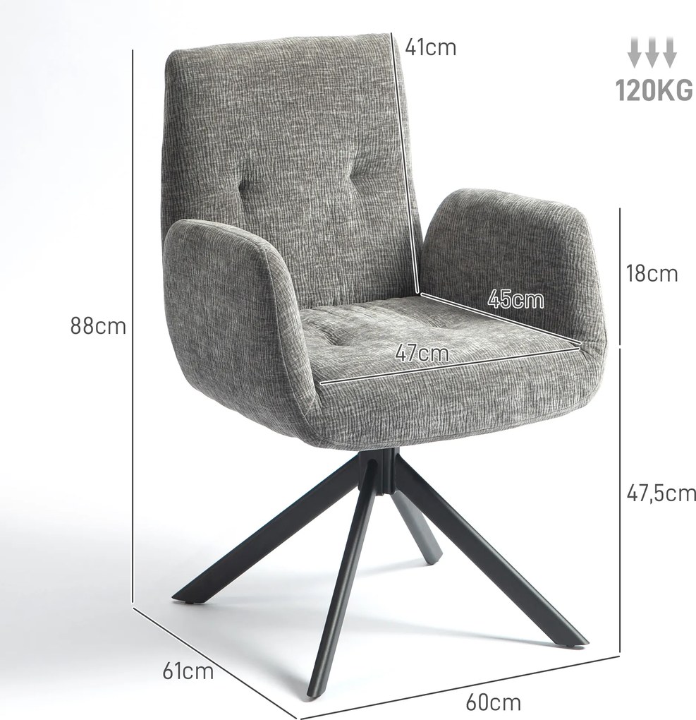 HOMCOM Křeslo otočné lounge křeslo s područkami, vzhled vlněného plátna, moderní čalouněné křeslo s prošíváním knoflíků, ocelové nohy, do obývacího p…