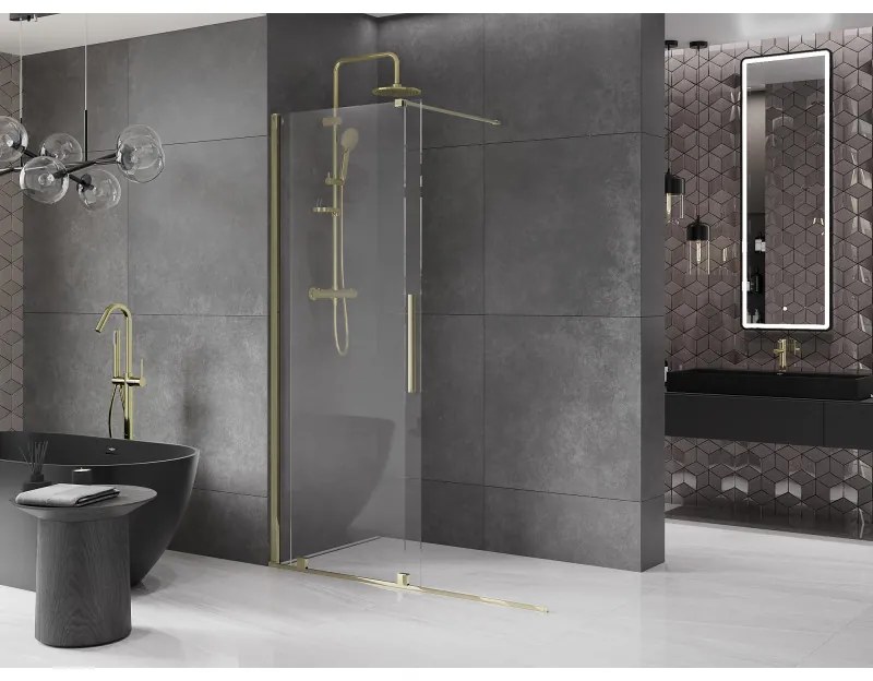Mexen Velar, posuvné dveře do otvoru typ Walk-In 140 cm, 8mm čiré sklo, zlatá lesklá, 871-140-000-03-50