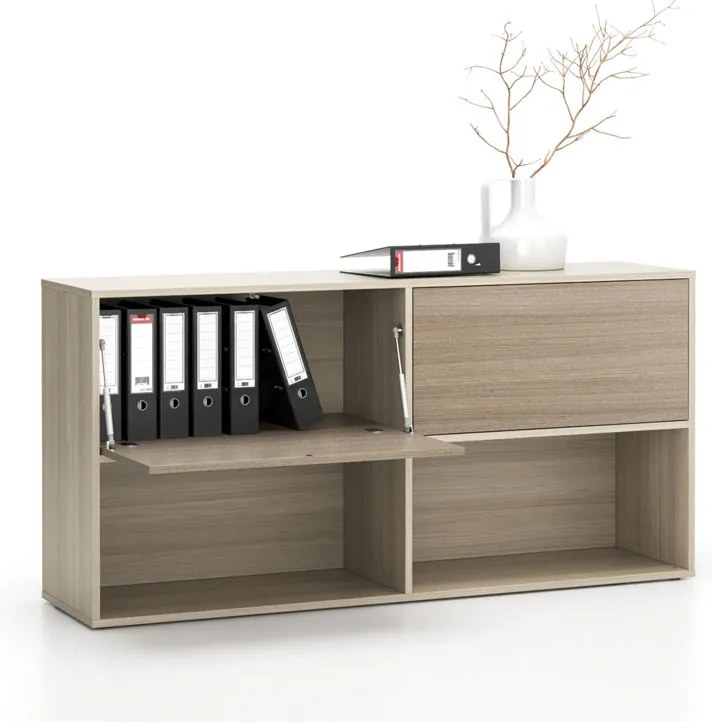 PLAN Kancelářský policový regál LAYERS, dlouhý, 2 boxy, 1582 x 400 x 777 mm, dub přírodní / dub mořený