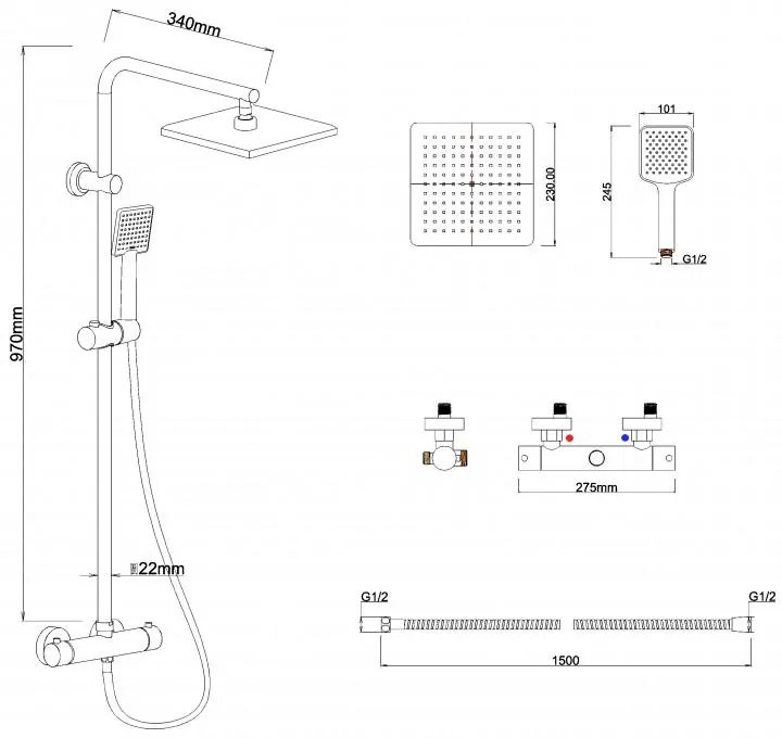 Erga Bodo Therm, sprchová souprava s termostatickou baterií a dešťovou hlavicí 23x23cm, černá matná, ERG-YKA-BP.BODO-THERM-23-BLK