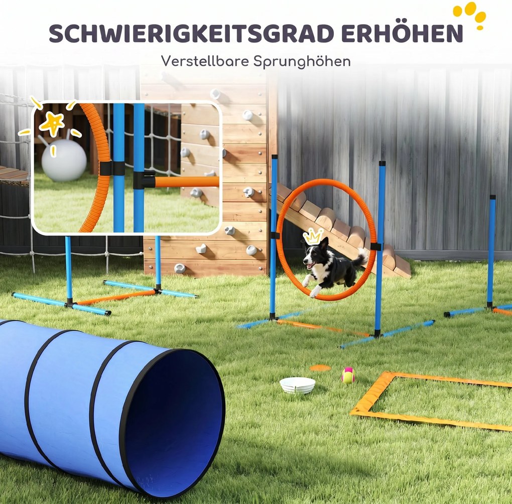 PawHut 8dílná sada agility pro psy s tunelem, slalomem, nastavitelnými překážkami, kruhem, pauzovací plošinou, miskou, hračkami a taškou — zahrada, v…