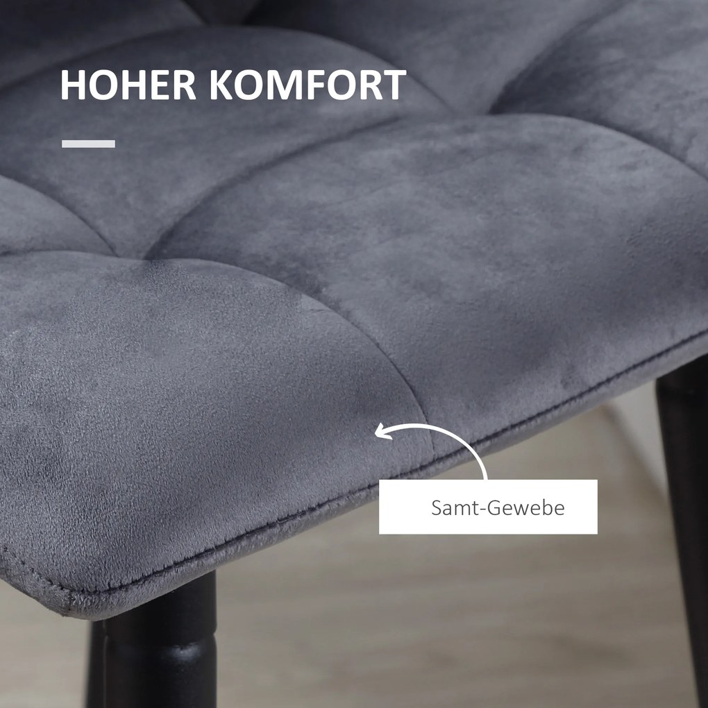 HOMCOM Barová židle sada 2 ks do kuchyně, moderní design, sametový potah, ocelové nohy, protiskluzové krytky nohou, do 120 kg, 42 x 47 x 105 cm, šedá…