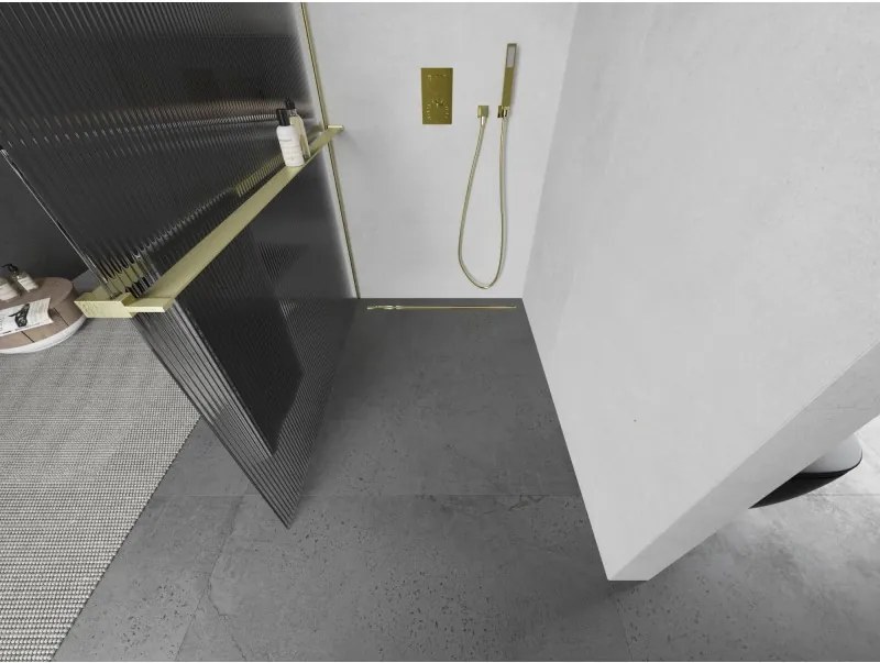 Mexen Kioto+ L, sprchová zástěna Walk-In s poličkou a věšákem 90 x 200 cm, 8mm sklo s žebrovým vzorem, zlatý matný profil, 800-090-123-55-09