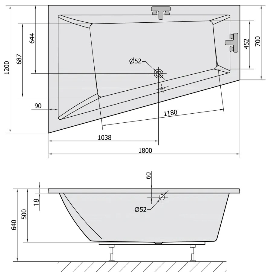 Polysan TRIANGL L SLIM asymetrická vana 180x120x50cm, bílá 19611S