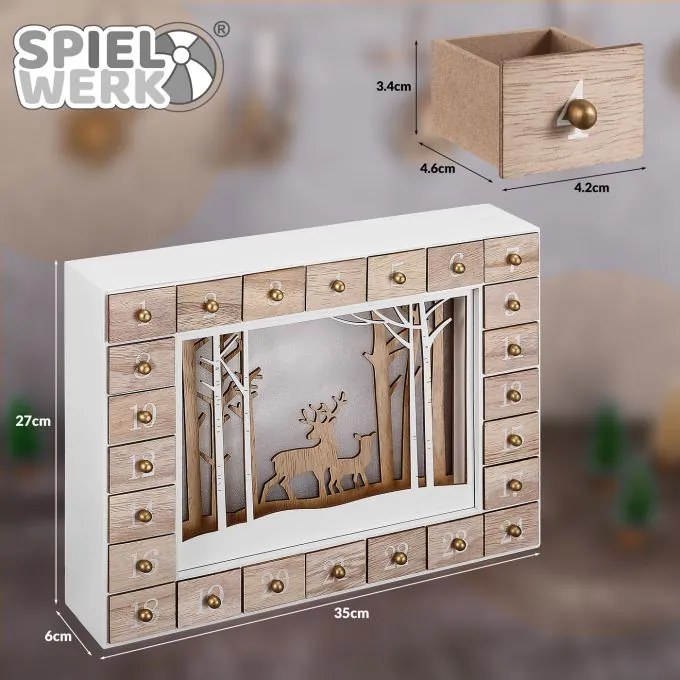 Dřevěný adventní kalendář ZIMNÍ LES s osvětlením, 35x6x27cm, bílá/hnědá Spielwerk
