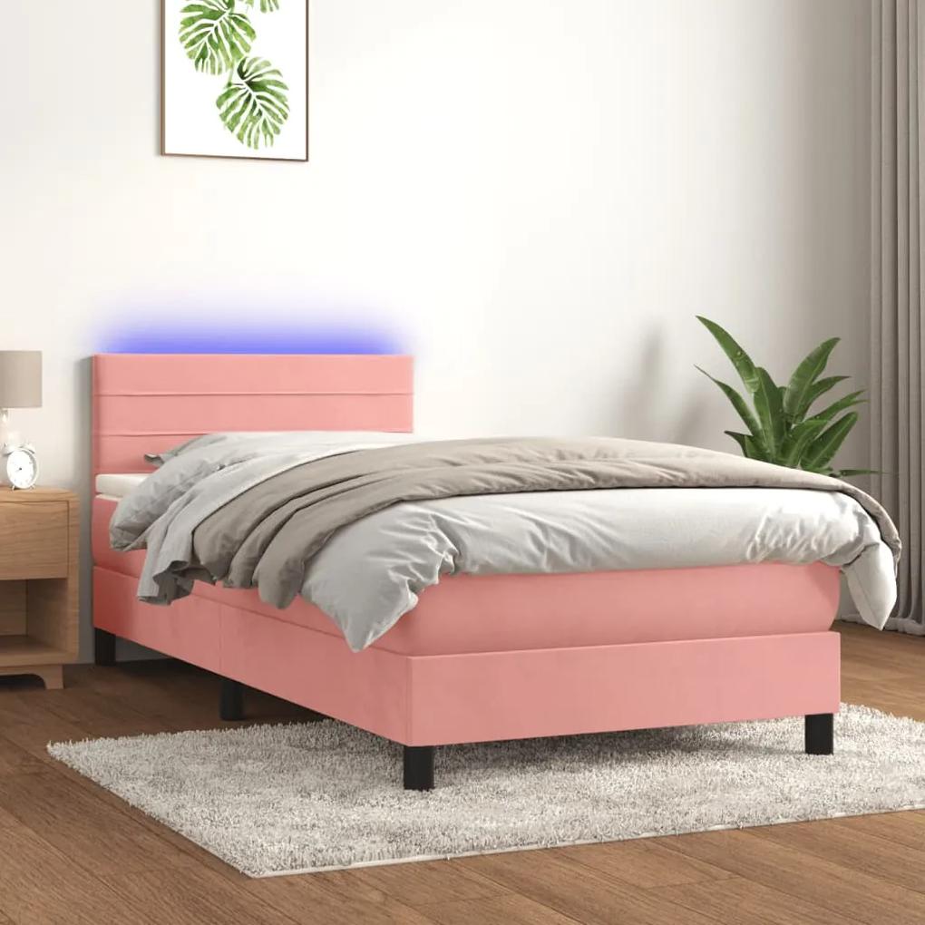 Box spring postel s matrací a LED růžová 90x200 cm samet,  3134446