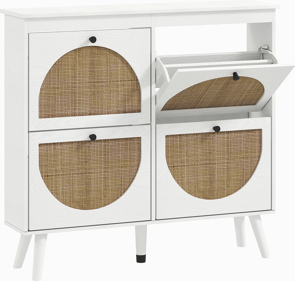 HOMCOM Skříň na boty s 4 skládacími dveřmi, 20 párů, s nastavitelnou policí, bohémský styl, solidní dřevěné nohy 105 x 24 x 97,5 cm Bílá | Aosom