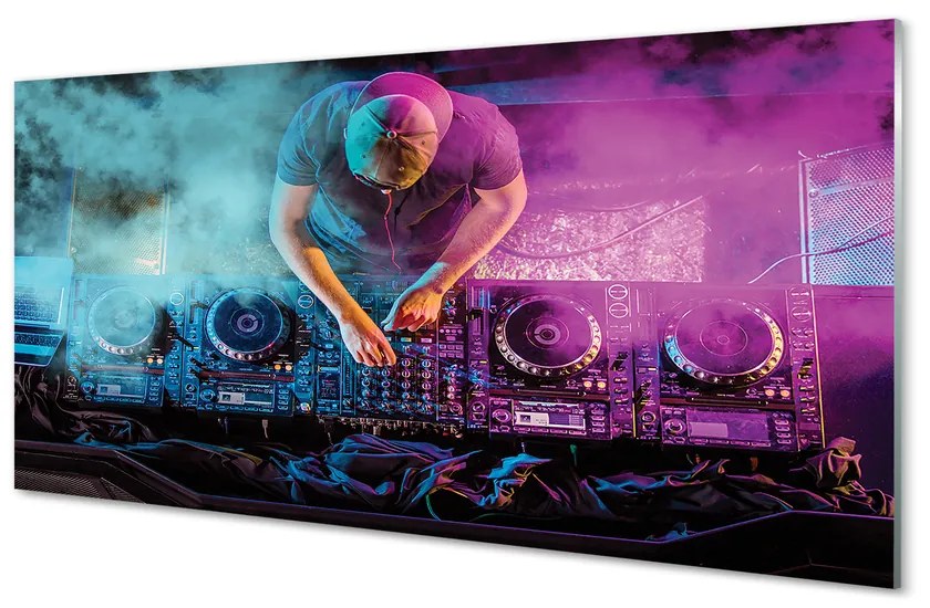 akrylový obraz DJ konzole barevné osvětlení 140x70 cm