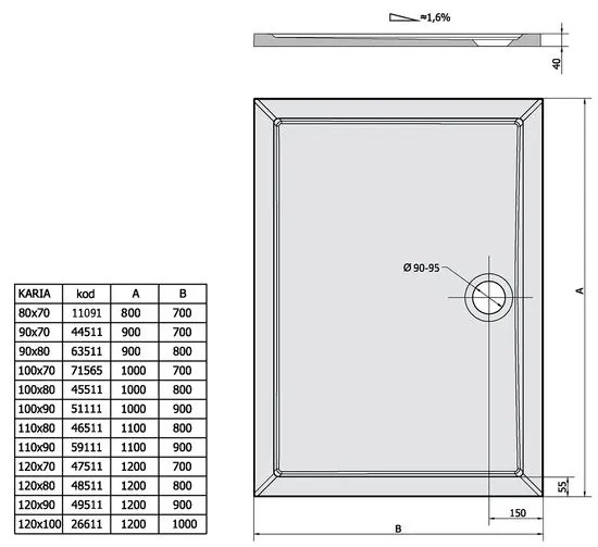 Polysan Karia Sprchová vanička 1100x800x40 mm, bílá 46511