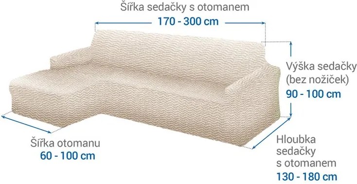 Bielastické potahy CRISTINA smetanová sedačka s otomanem vlevo (š. 170 - 300 cm)