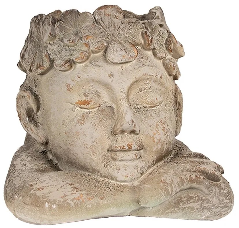 Šedo-béžový antik květináč hlava chlapce s květy - 20*20*19 cm