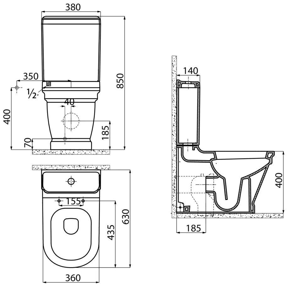 CREAVIT ANTIK WC mísa kombi, zadní/spodní odpad, 37x63cm, bílá AN360