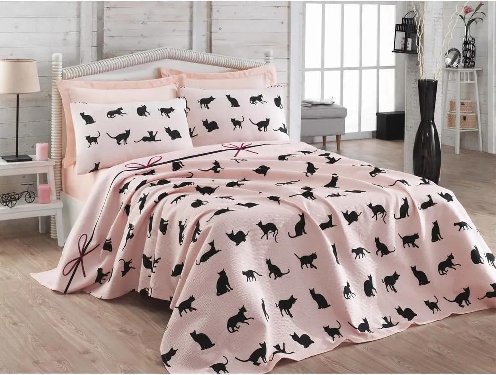 Přehoz přes postel na dvoulůžko s povlaky na polštáře a prostěradlem Cat, 200 x 235 cm
