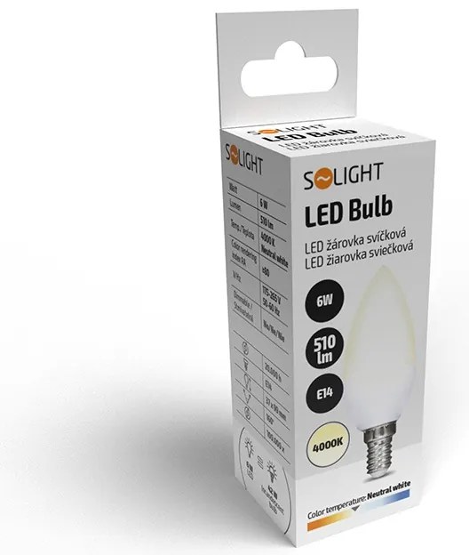 SOLIGHT LED žárovka svíčka matná C37 6W, E14, 4000K, 510lm