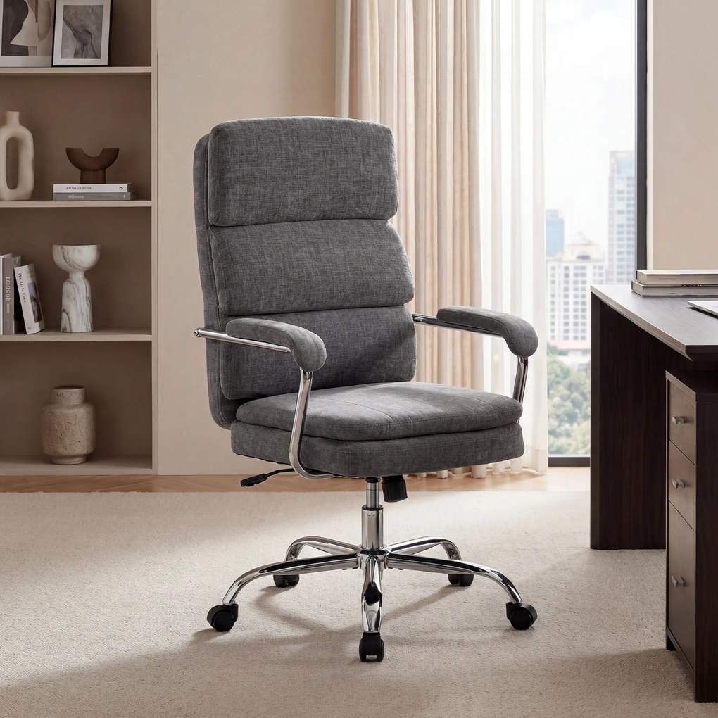 HOMCOM ergonomická kancelářská židle z chenillu s polstrovanými loketními opěrkami, nastavitelná výška a sklon, 360° otočná, šedá