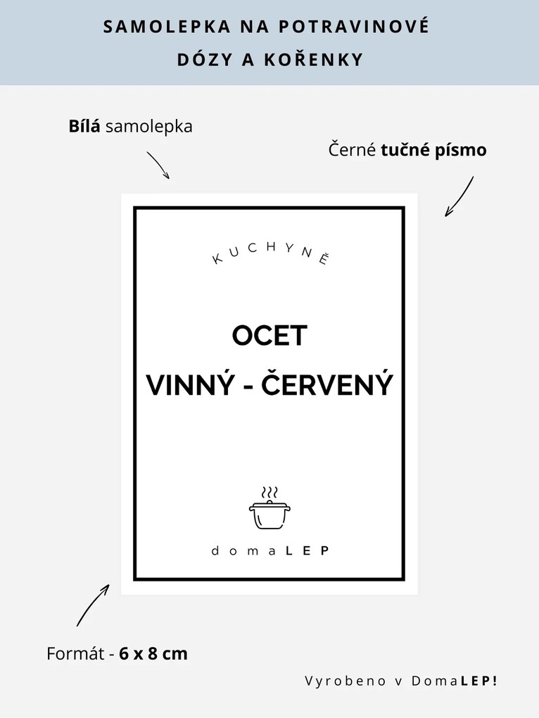 Samolepka na láhev OCET VINNÝ - ČERVENÝ – bílá, 6 x 8 cm, tučné písmo
