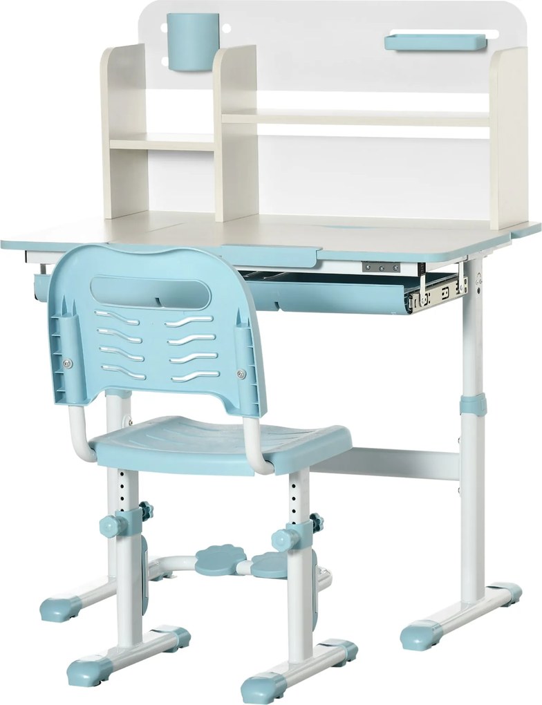 HOMCOM Dětský stůl a židlička pro děti od 3 let s nastavitelnou výškou, sklápěcí deskou, zásuvkou a policí 80x52x88-109 cm a 35,5x44,5x66-80 cm Modrá