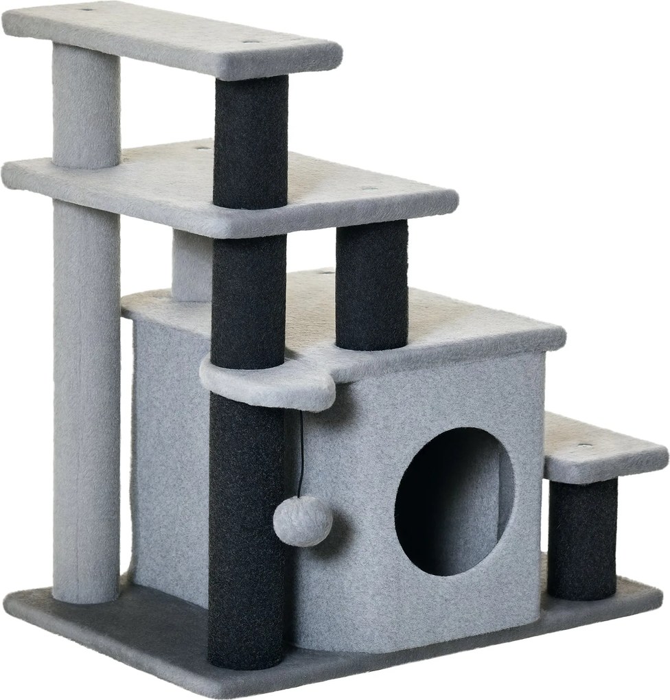 PawHut Psi Schody 3/4 Kroků 66 cm Vysoké Rampa pro Mazlíčky s Útočištěm, Hracím Míčem, Schody pro Kočky pro Středně Velké Kočky, Doplňky k Posteli, Po