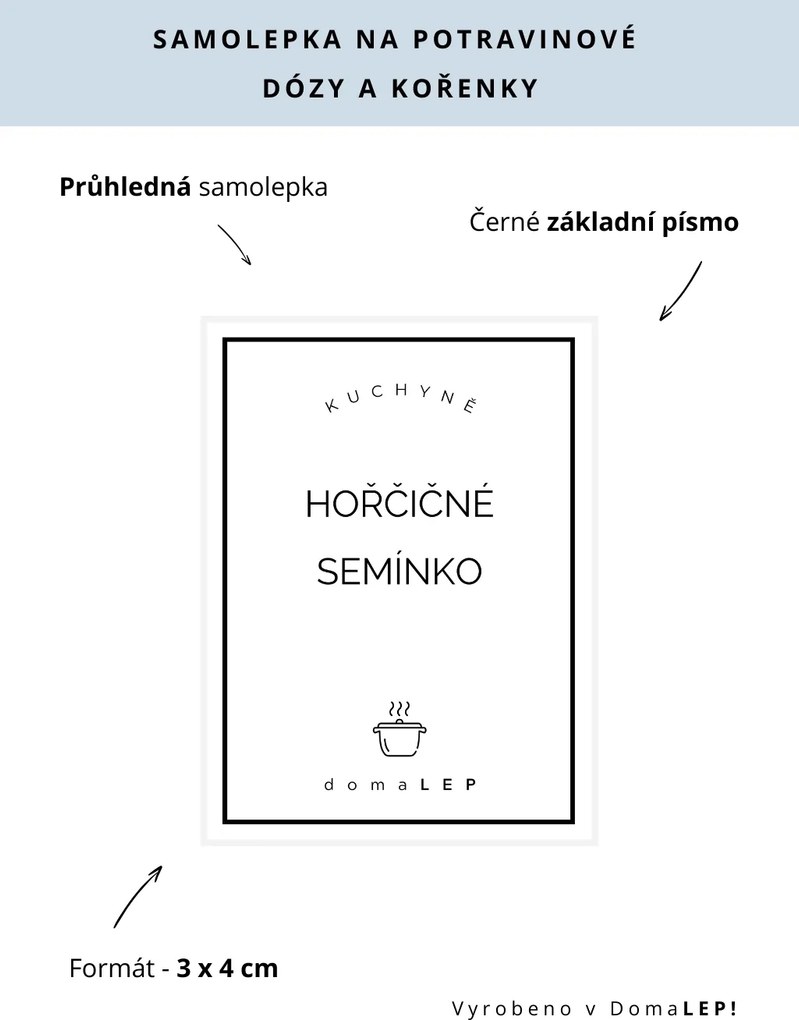 Samolepka na kořenky HOŘČIČNÉ SEMÍNKO průhledná 3 × 4 cm základní písmo