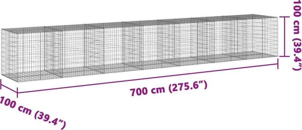 Gabionový koš s víkem 700 x 100 x 100 cm pozinkované železo 3295202