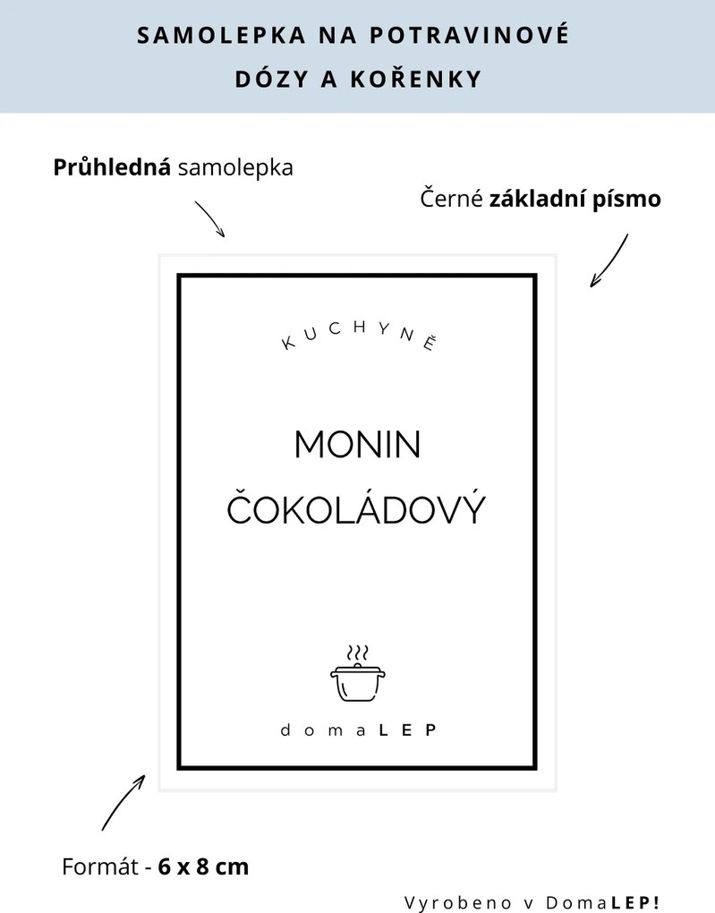Samolepka na láhev MONIN ČOKOLÁDOVÝ 6 x 8 cm – průhledná vinylová, voděodolná, omyvatelná samolepka na dózy, základní písmo
