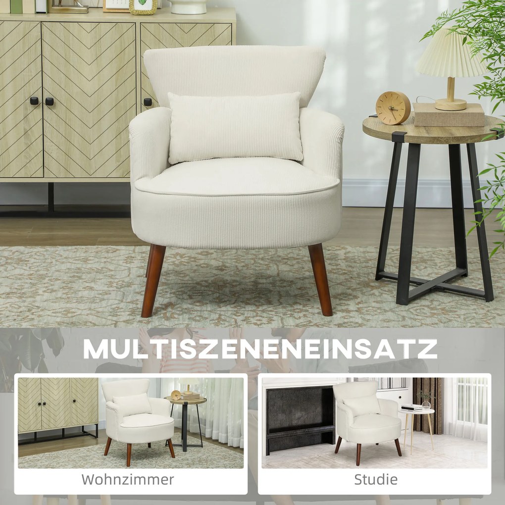 HOMCOM Křeslo s opěradlem, zaoblené područky, čalouněné lounge křeslo se vzhledem kabelu, dřevěné nohy, do ložnice, obývacího pokoje, do 120 kg, krém…