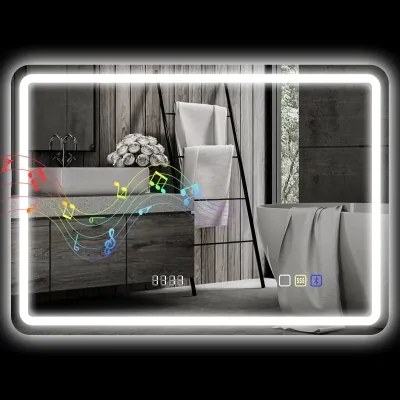 HOMCOM koupelnové zrcadlo s LED světlem 70x50 cm s Bluetooth, 3 barvy světla, digitální hodiny, ochrana proti zamlžení, funkce paměti