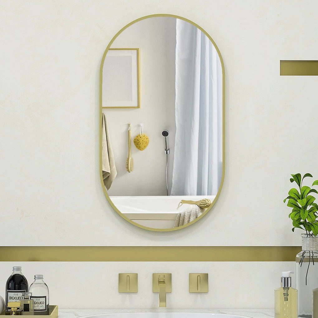 HOMCOM Oválné zrcadlo do koupelny 40x70 cm s hliníkovým rámem Dekorativní nástěnné zrcadlo Horizontální nebo vertikální pro obývací pokoj, vstup nebo…