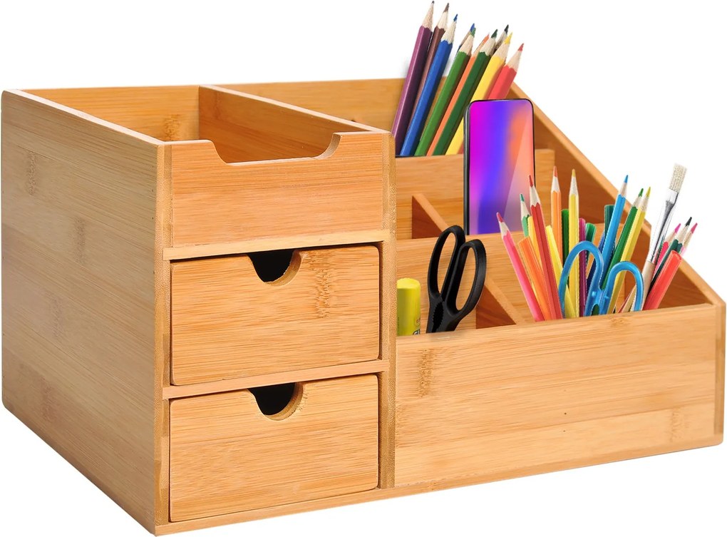 HOMCOM Organizér na stůl s úložným boxem 2 zásuvky Přírodní L33 x Š20.5 x V15.5 cm | Aosom