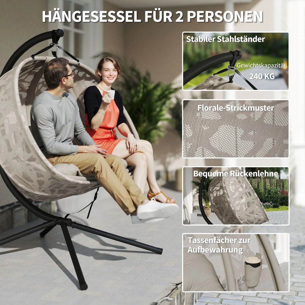Závěsné křeslo Outsunny 2místné závěsné křeslo s polštářem skládací závěsná houpačka do 240 kg polyester ocel písková barva