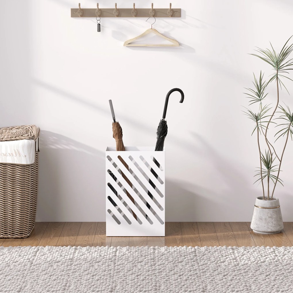 HOMCOM Stojan na deštníky s odkapávací miskou, 4 háčky, ocel, 28L x 14W x 41H cm, bílý