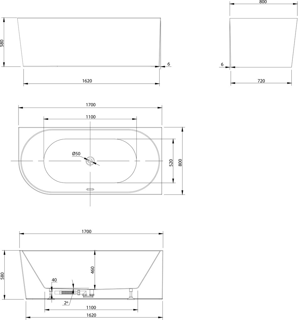 Aqualine Aqualine, TIBERA R rohová stojící vana 170x80cm, bílá, E1015