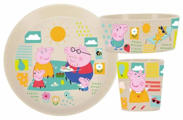 Prasátko Peppa Candy dětský set talíř,miska,kelímek písková Organic KOZIOL