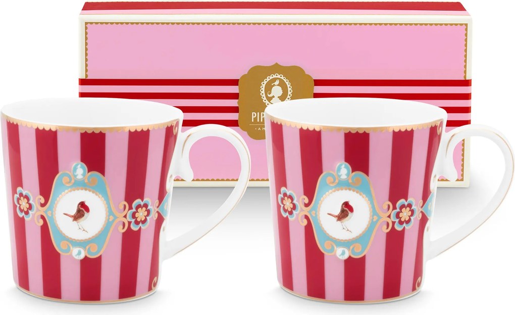Pip Studio Love Birds Stripes sada 2 ks hrnků 165ml, červeno-růžová (Sada hrnků v dárkovém balení)