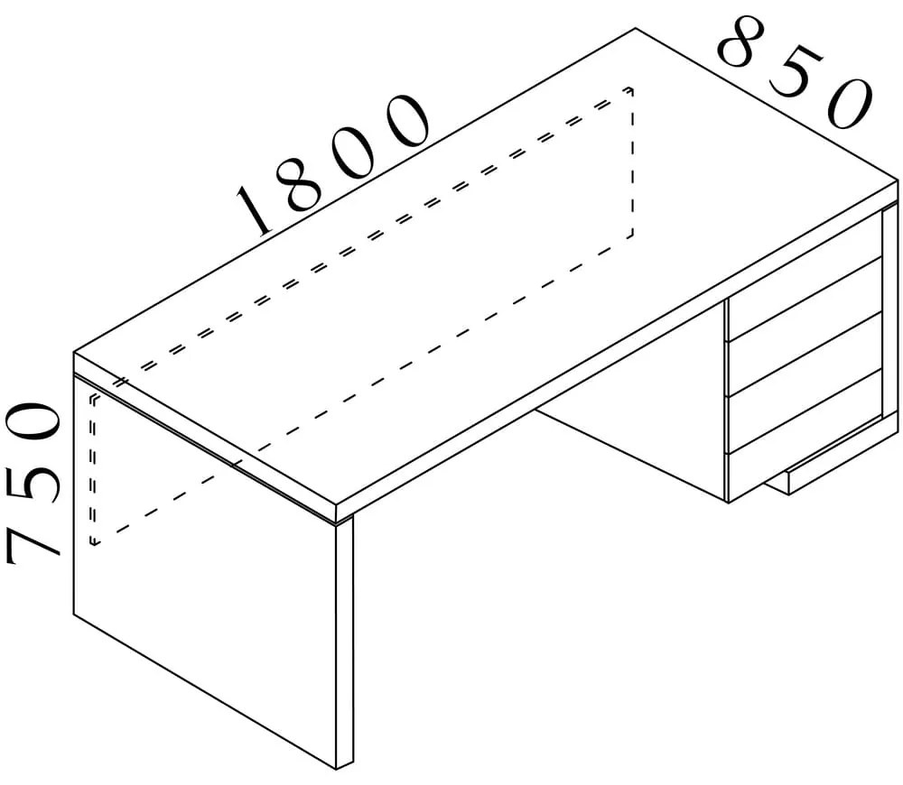 Stůl Lineart 180 x 85 cm + pravý kontejner, jilm tmavý / bílá