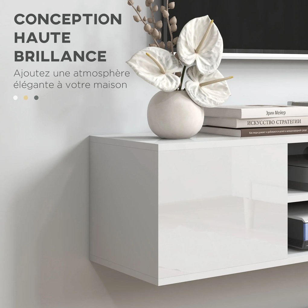 HOMCOM Nástěnný televizní stolek v moderním stylu - 2 skříňky, 2 centrální nika a 2 otvory pro správu kabelů 140 x 30 cm bílá