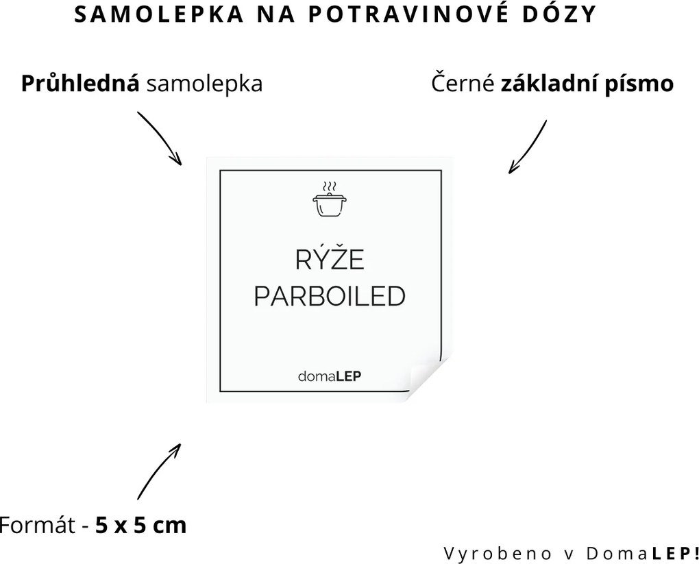 RÝŽE PARBOILED - omyvatelná samolepka na dózu, výběr rozměrů Ø 5 cm / 5 x 5 cm / 6 x 8 cm | DomaLEP tvar: OBDÉLNÍK, barva: PRŮHLEDNÁ - ČERNÉ písmo, velikost: š. 6 cm x v. 8 cm – základní písmo
