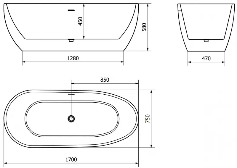 Mexen Eos, volně stojící vana 170 x 75 cm, bílá-černá, zlatý matný přepad, 52471707575-55