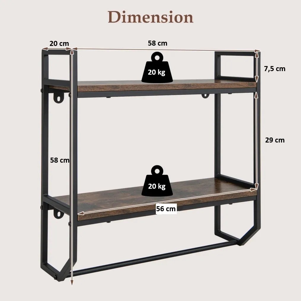 Costway Koupelnová polička s držákem ručníků, kov/dřevo, 58 x 58 cm JV13087