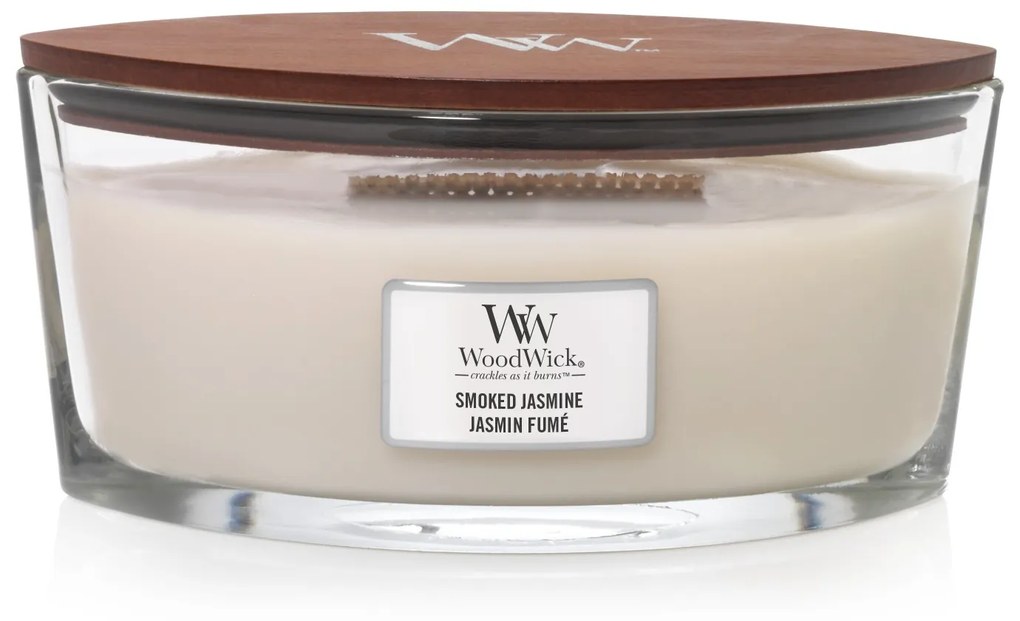 WoodWick vonná svíčka s dřevěným knotem Elipsa Smoked Jasmine 453,6 g