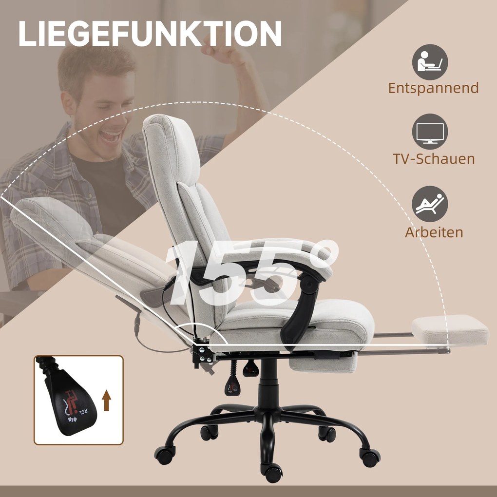 Kancelářská židle Vinsetto s masážní funkcí, ergonomická manažerská židle s výškově nastavitelnou opěrkou nohou, světle šedá pro kancelář a domácí ka…