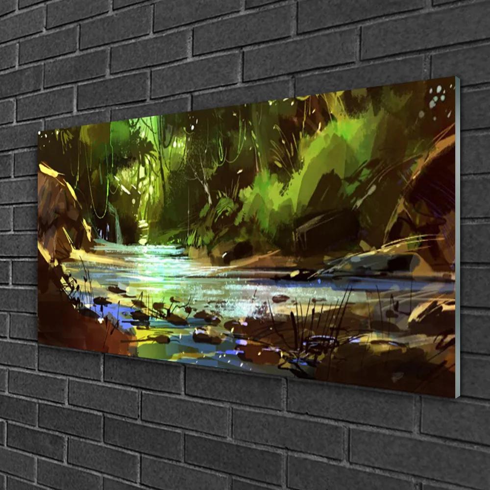 Obraz na skle Les Jezero Kameny Příroda 140x70 cm