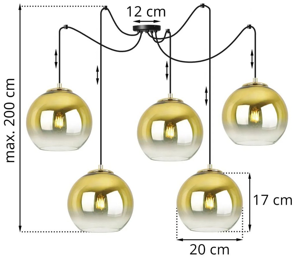 Závěsné svítidlo BERGEN GOLD SPIDER, 5x zlaté/transparentní skleněné stínítko (fi 20cm)